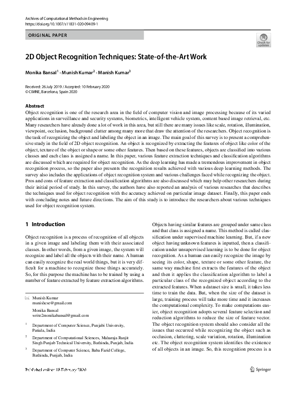 (PDF) 2D Object Recognition Techniques: State-of-the-Art Work