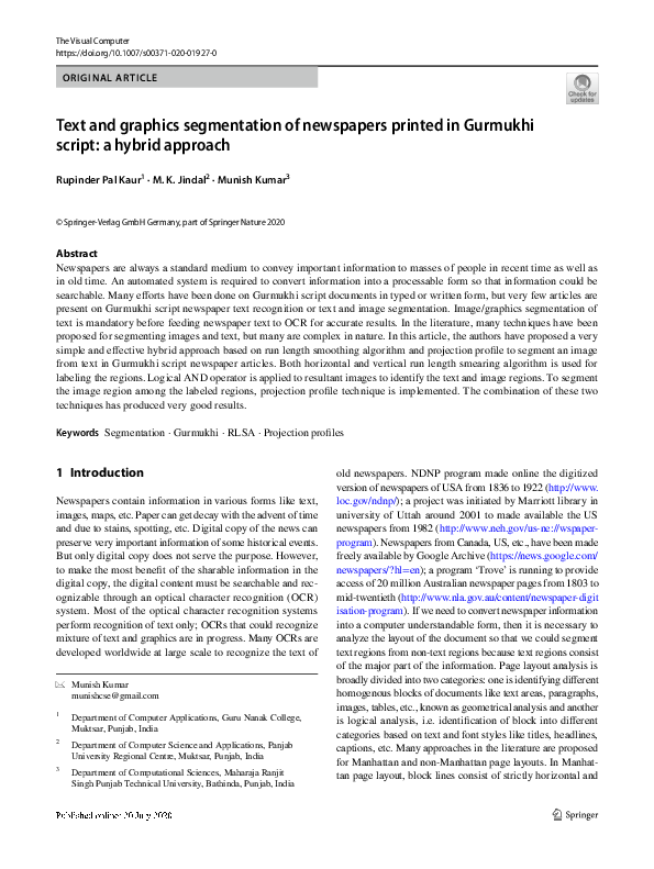 Pdf Text And Graphics Segmentation Of Newspapers Printed In Gurmukhi Script A Hybrid Approach