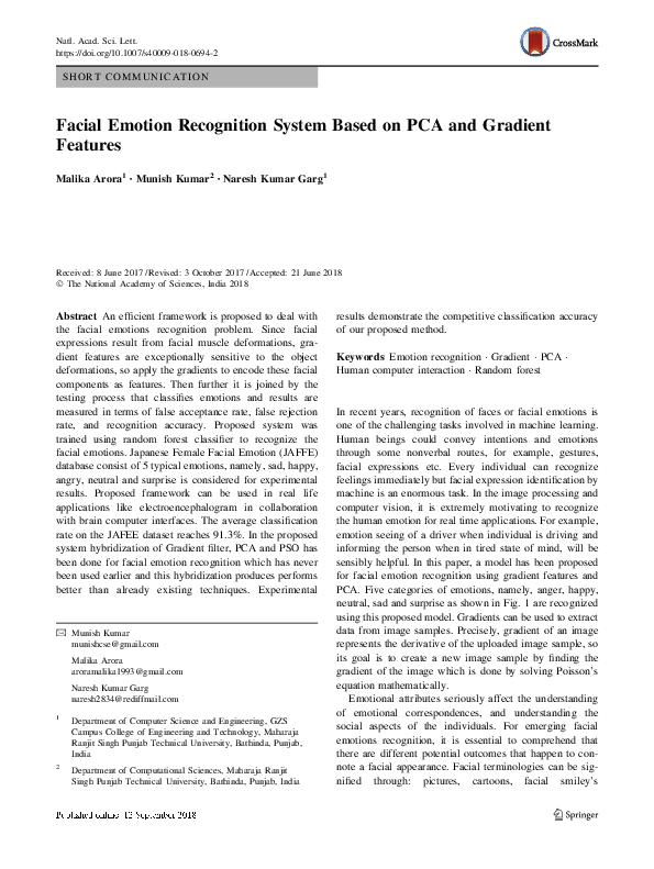 (PDF) Facial Emotion Recognition System Based on PCA and Gradient Features
