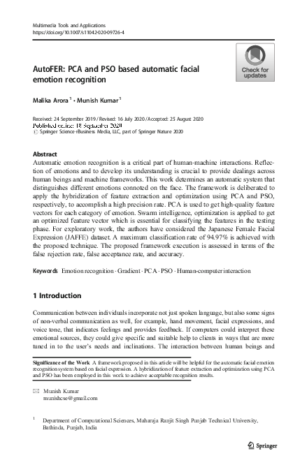 (PDF) AutoFER: PCA and PSO based automatic facial emotion recognition
