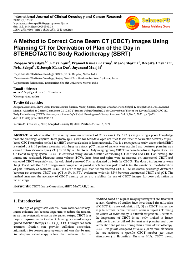 Pdf A Method To Correct Cone Beam Ct Cbct Images Using Planning Ct For Derivation Of Plan Of