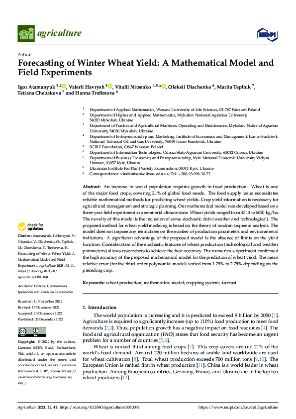 (PDF) Forecasting of Winter Wheat Yield: A Mathematical Model and Field Experiments | Vitalii ...