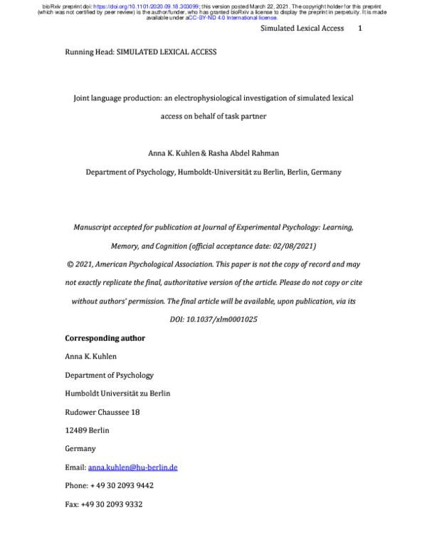 (PDF) Joint language production: An electrophysiological investigation of simulated lexical ...