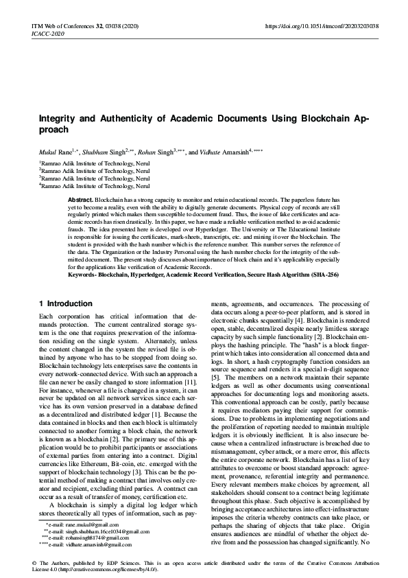(PDF) Integrity and Authenticity of Academic Documents Using Blockchain Approach