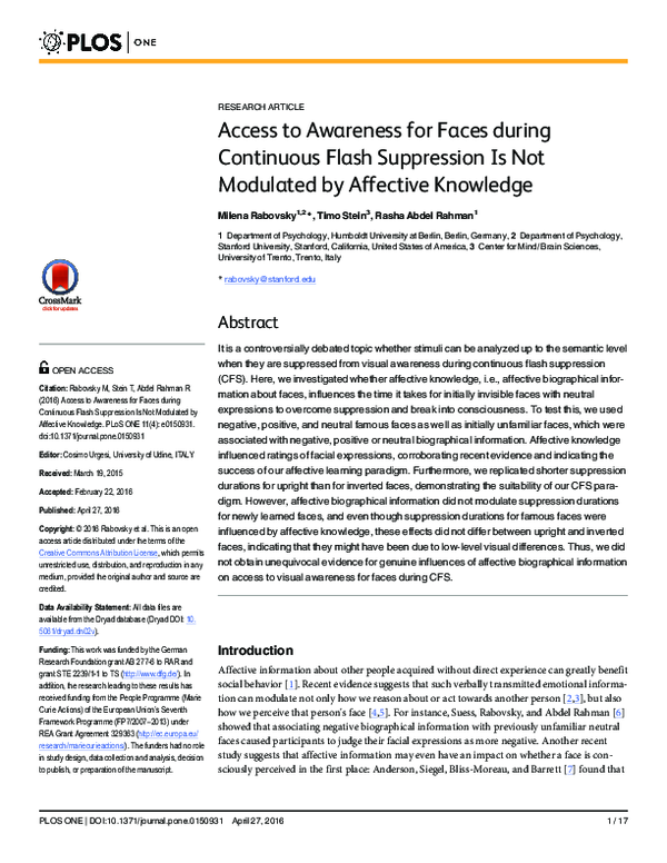 (PDF) Access to Awareness for Faces during Continuous Flash Suppression ...