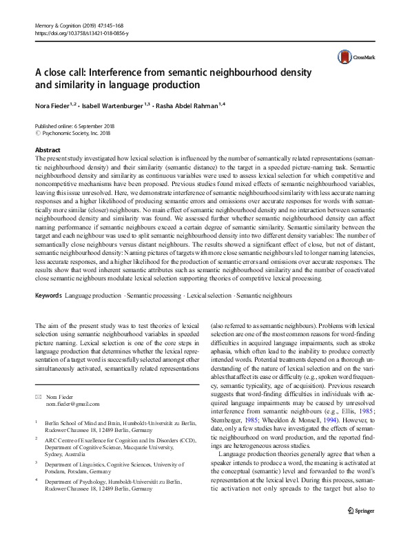 (PDF) A close call: Interference from semantic neighbourhood density and similarity in language ...