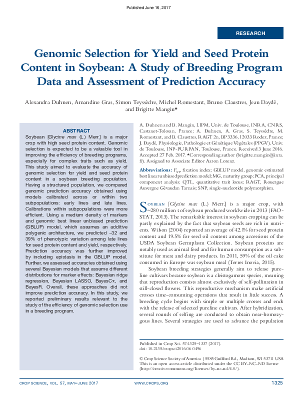 (PDF) Genomic Selection for Yield and Seed Protein Content in Soybean ...