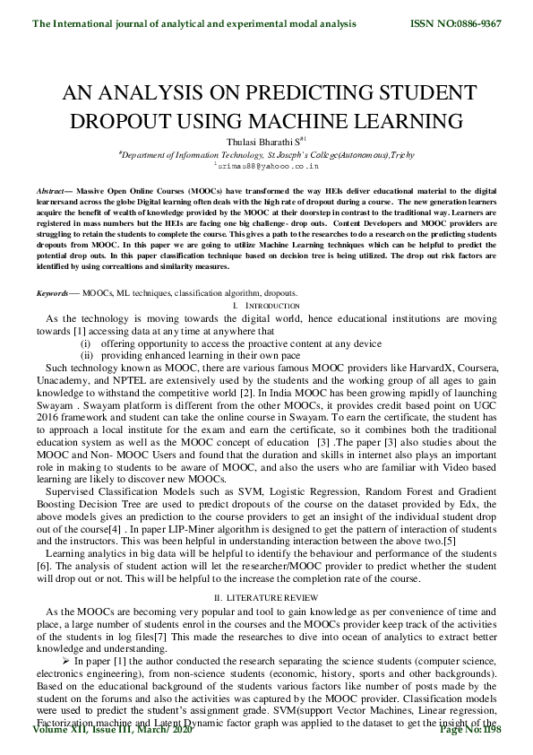 (PDF) An Analysis on Predicting Student Dropout Using Machine Learning
