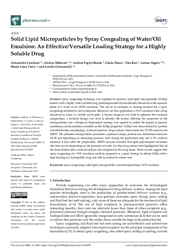 (PDF) Solid Lipid Microparticles by Spray Congealing of Water/Oil ...