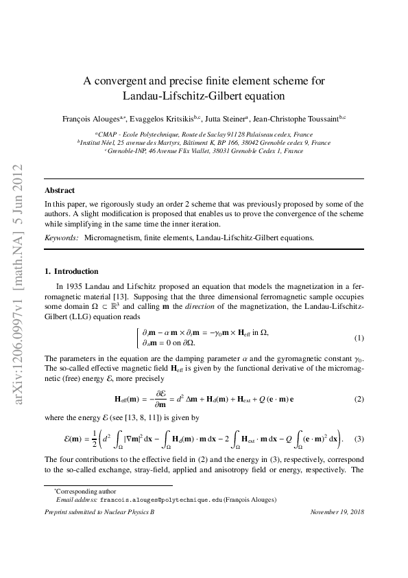 Pdf A Convergent Finite Element Approximation For Landau Lifschitz