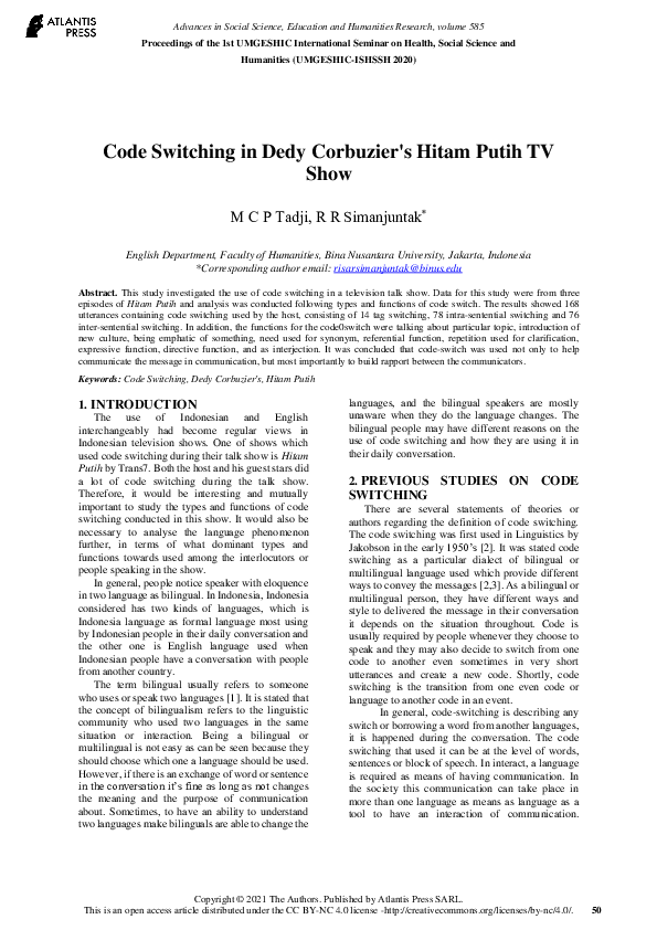 (PDF) Code Switching in Dedy Corbuzier’s Hitam Putih TV Show