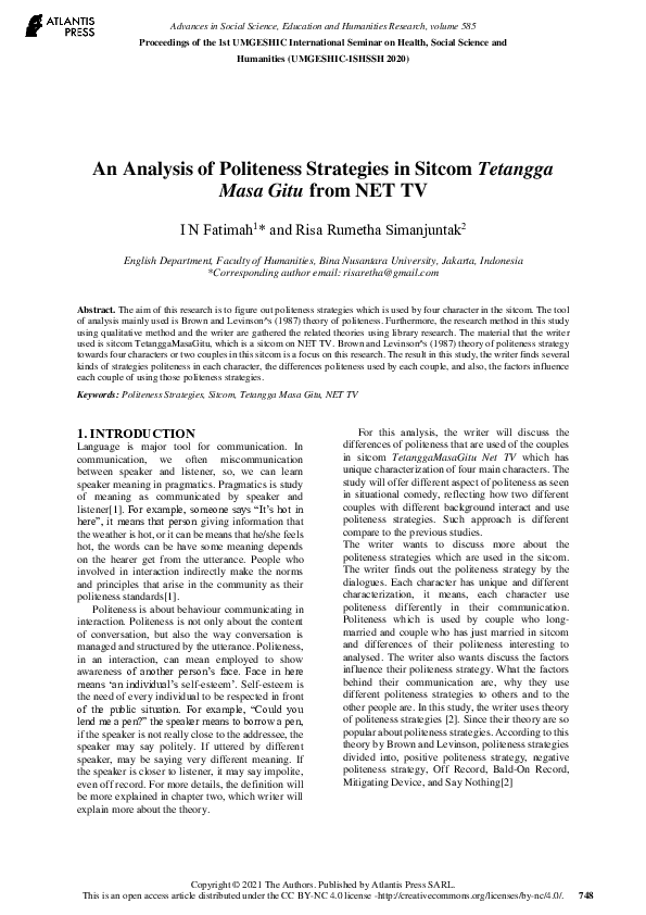 (PDF) An Analysis of Politeness Strategies in Sitcom Tetangga Masa Gitu from NET TV