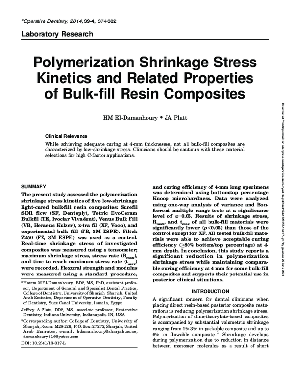Pdf Polymerization Shrinkage Stress Kinetics And Related Properties Of Bulk Fill Resin Composites