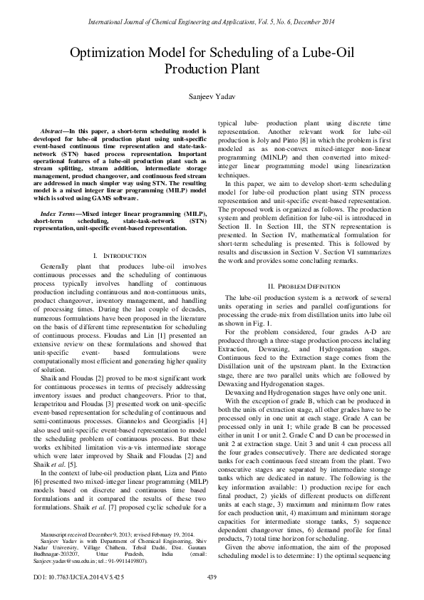 (PDF) Optimization Model for Scheduling of a Lube-Oil Production Plant