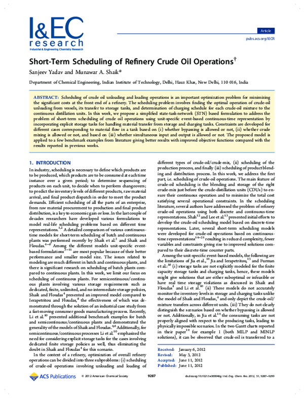 (PDF) Short-Term Scheduling of Refinery Crude Oil Operations