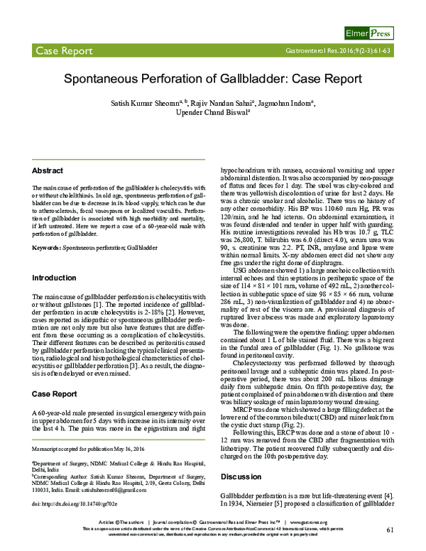 (PDF) Spontaneous Perforation of the Gall Bladder: A Case Report