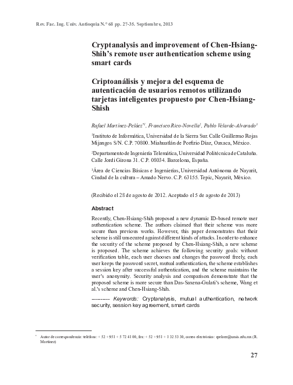 Pdf Cryptanalysis And Improvement Of Chen Hsiangshih S Remote User Authentication Scheme Using