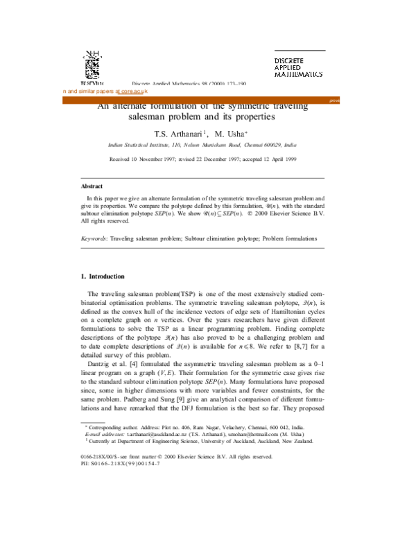 Pdf An Alternate Formulation Of The Symmetric Traveling Salesman Problem And Its Properties