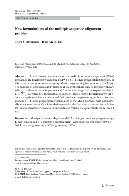 Pdf New Formulations Of The Multiple Sequence Alignment Problem
