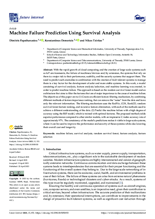 (PDF) Machine Failure Prediction Using Survival Analysis | Kostantinos Demertzis - Academia.edu