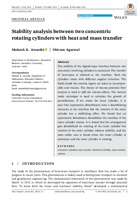 (PDF) Stability analysis between two concentric rotating cylinders with heat and mass transfer