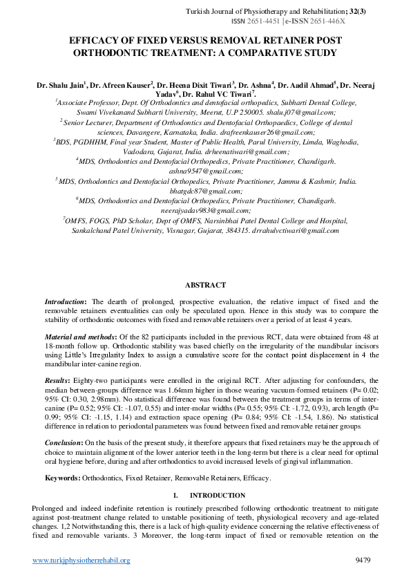 (PDF) Efficacy of Fixed Versus Removal Retainer Post Orthodontic ...