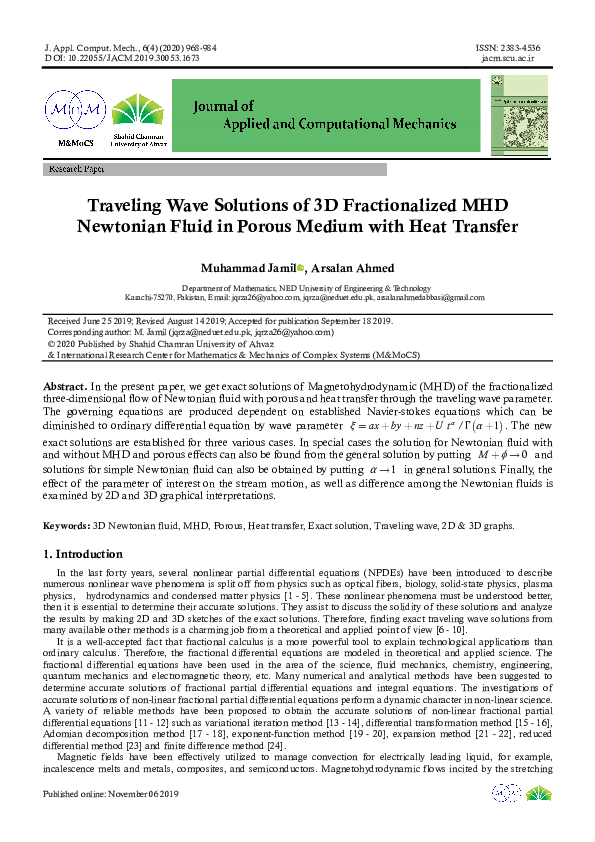 (PDF) Traveling wave solutions of 3D fractionalized MHD Newtonian fluid in porous medium with ...