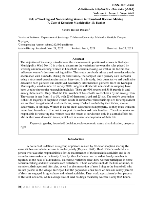 (PDF) Role of Working and Non-working Women in Household Decision Making