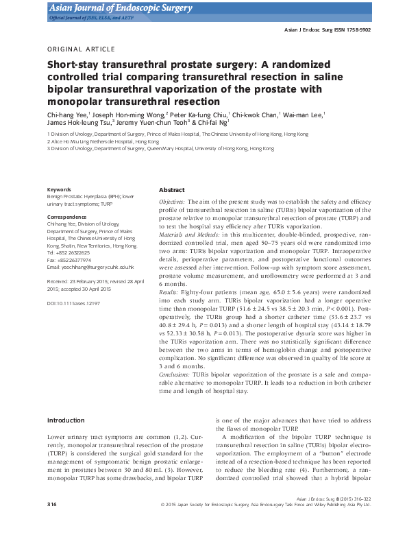 (PDF) Short-stay transurethral prostate surgery: A randomized ...