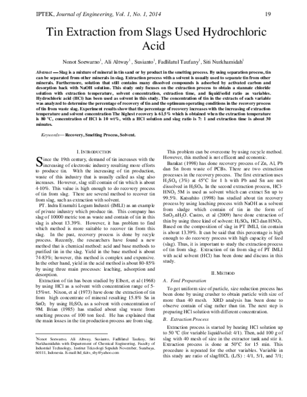 (PDF) Tin Extraction from Slags Used Hydrochloric Acid