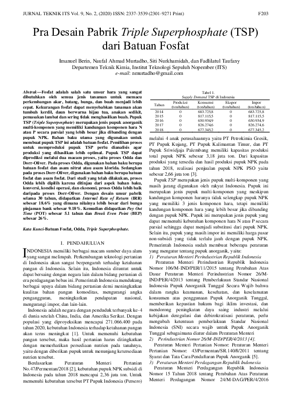 (PDF) Pra Desain Pabrik Triple Superphosphate (TSP) dari Batuan Fosfat