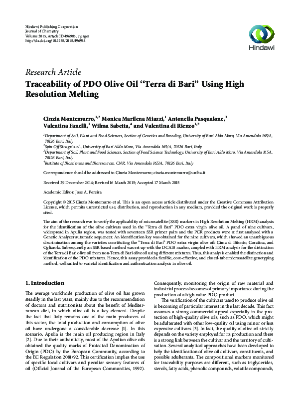 (PDF) Traceability of PDO Olive Oil “Terra di Bari” Using High Resolution Melting | Valentina ...