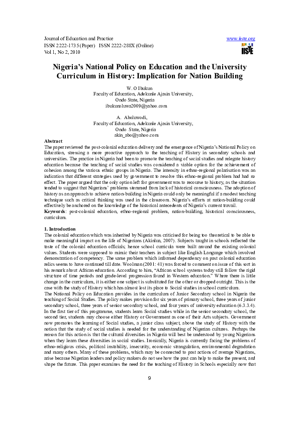 (PDF) Nigeria’s National Policy on Education and the University Curriculum in History ...
