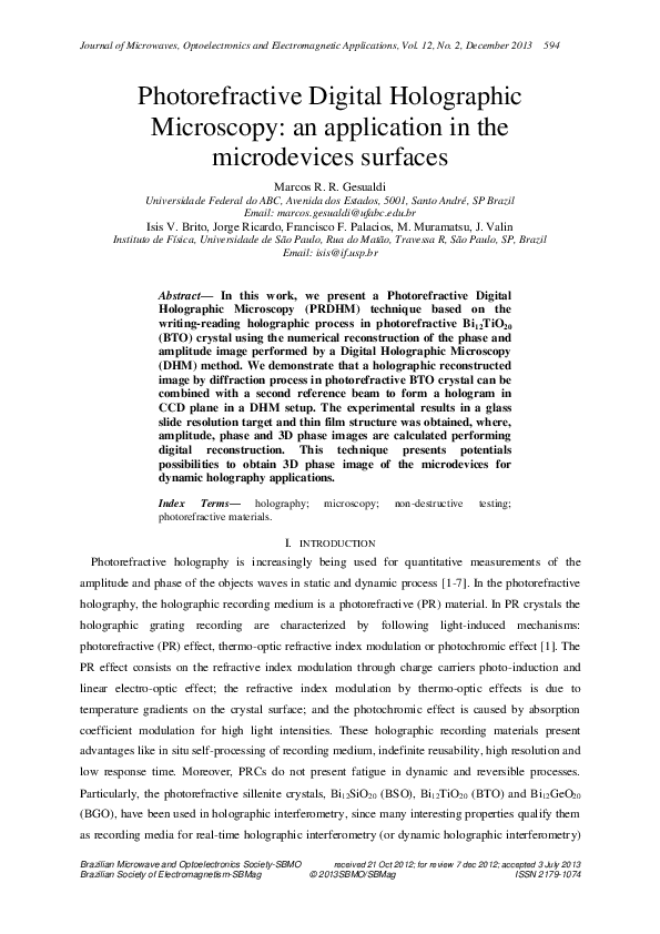 (PDF) Photorefractive digital holographic microscopy applied in microstructures analysis