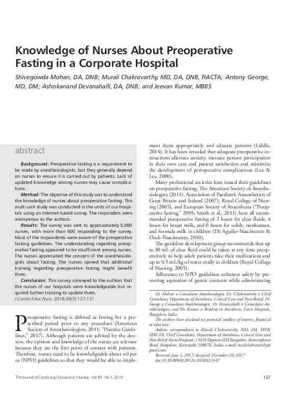 (PDF) Knowledge of Nurses About Preoperative Fasting in a Corporate ...