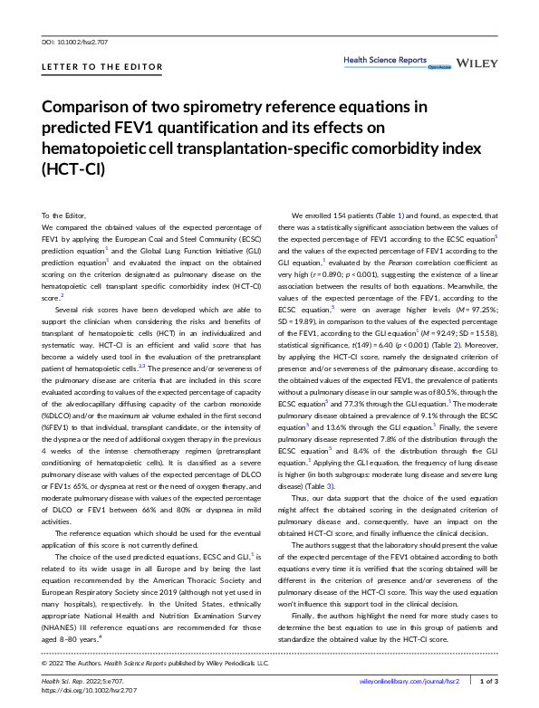 (PDF) Comparison of two spirometry reference equations in predicted ...