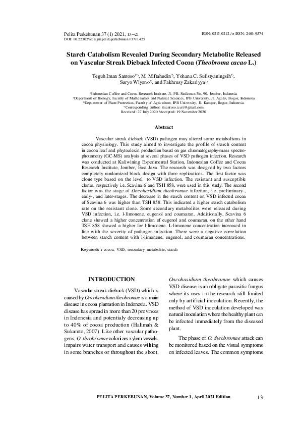 (PDF) Starch Catabolism Revealed during Secondary Metabolite Released Under Vascular Streak ...