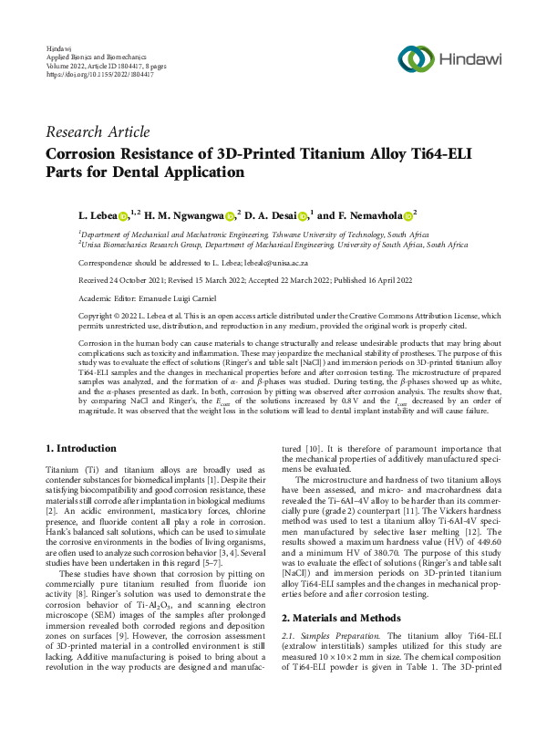 (PDF) Corrosion Resistance of 3D-Printed Titanium Alloy Ti64-ELI Parts ...