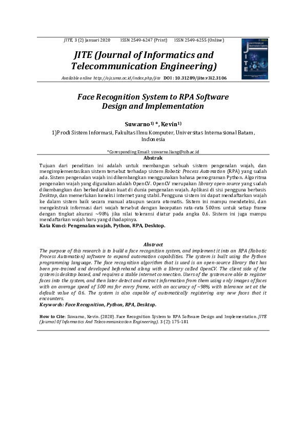 Pdf Face Recognition System To Rpa Software Design And Implementation