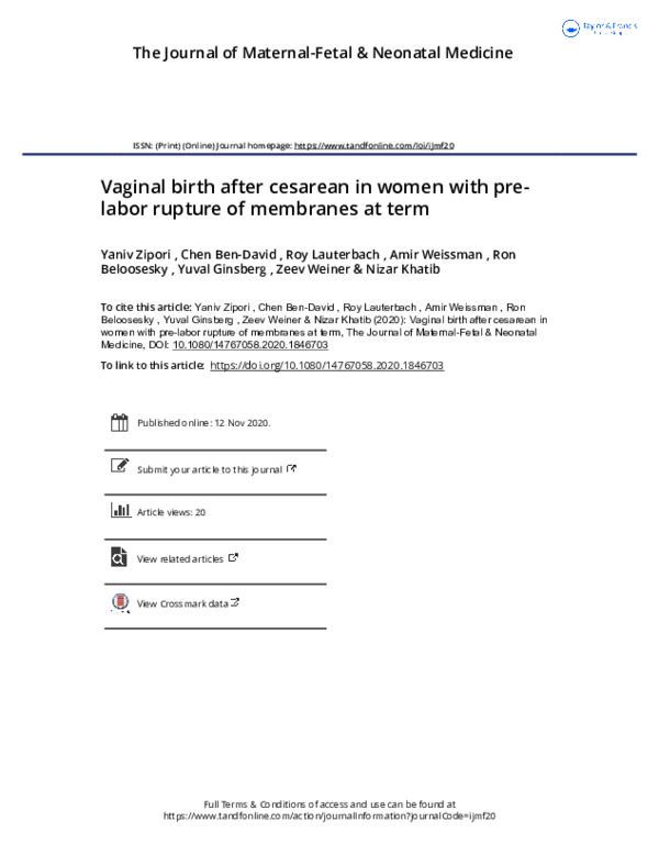 Pdf Vaginal Birth After Cesarean In Women With Pre Labor Rupture Of