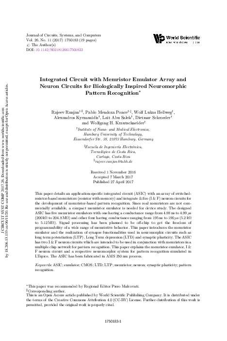 Pdf Integrated Circuit With Memristor Emulator Array And Neuron Circuits For Biologically