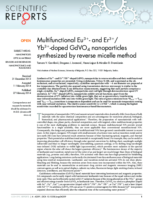 Multifunctional Eu3+- and Er3+/Yb3+-doped GdVO4 nanoparticles ...