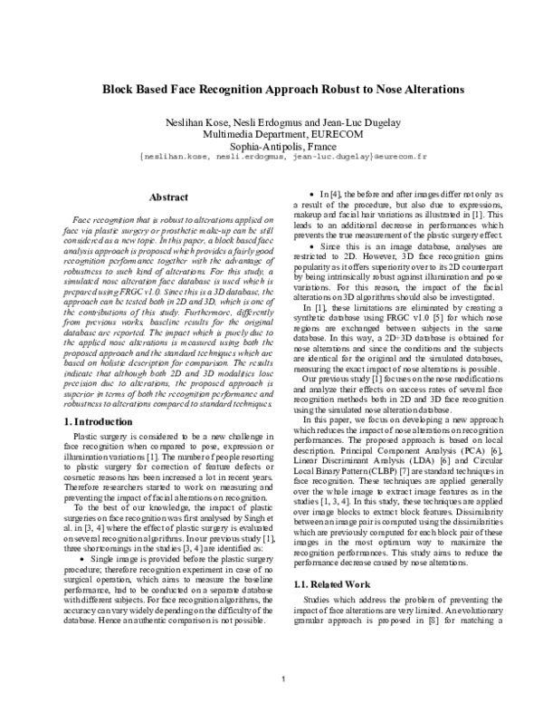 (PDF) Block based face recognition approach robust to nose alterations