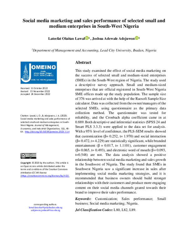 (PDF) Social media marketing and sales performance of selected small and medium enterprises in ...