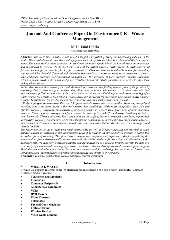(PDF) Journal And Confrence Paper On (Enviornment) E – Waste Management