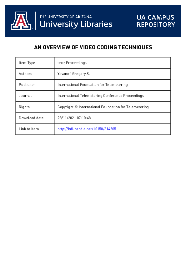 (PDF) Advances in Video Coding Techniques for Telemetry Applications
