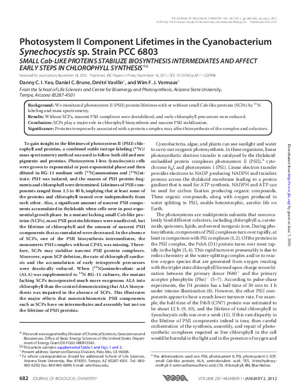 (PDF) Photosystem II Component Lifetimes in the Cyanobacterium Synechocystis sp. Strain PCC 6803 ...