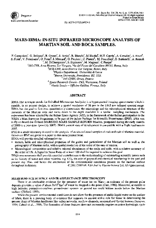 (PDF) MARS-IRMA: in-situ infrared microscope analysis of Martian soil and rock samples ...