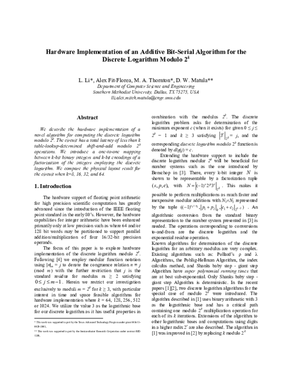 Pdf Hardware Implementation Of An Additive Bit Serial Algorithm For The Discrete Logarithm