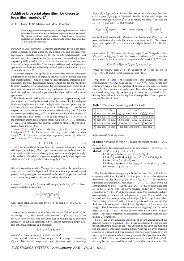 Pdf Additive Bit Serial Algorithm For Discrete Logarithm Modulo 2k